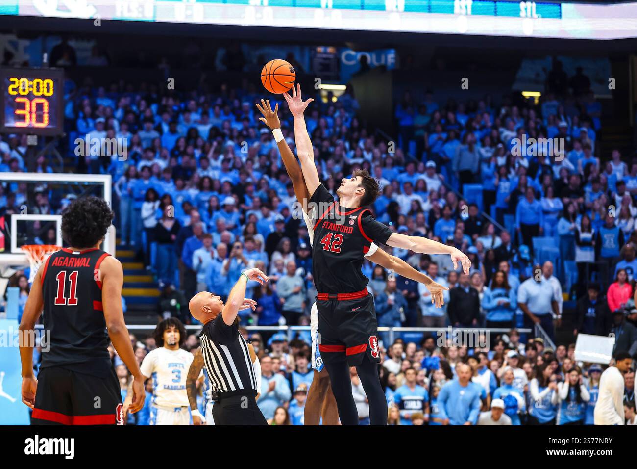 January 18, 2025: Stanford senior Maxime Raynaud (42) wins tipoff to ...