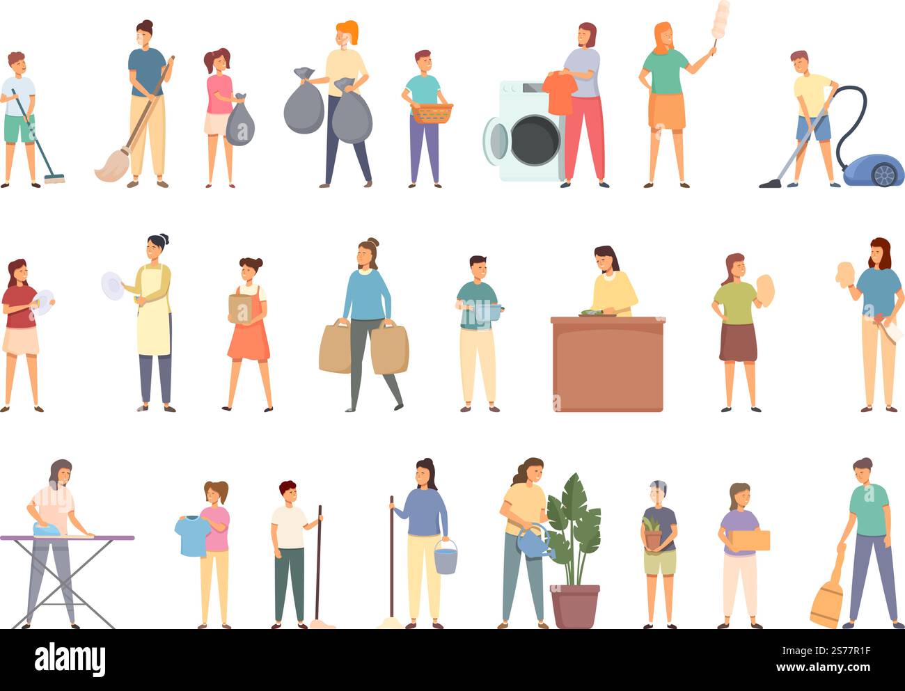 Children help mom icons set cartoon vector. Good kid. Helping cleaning ...