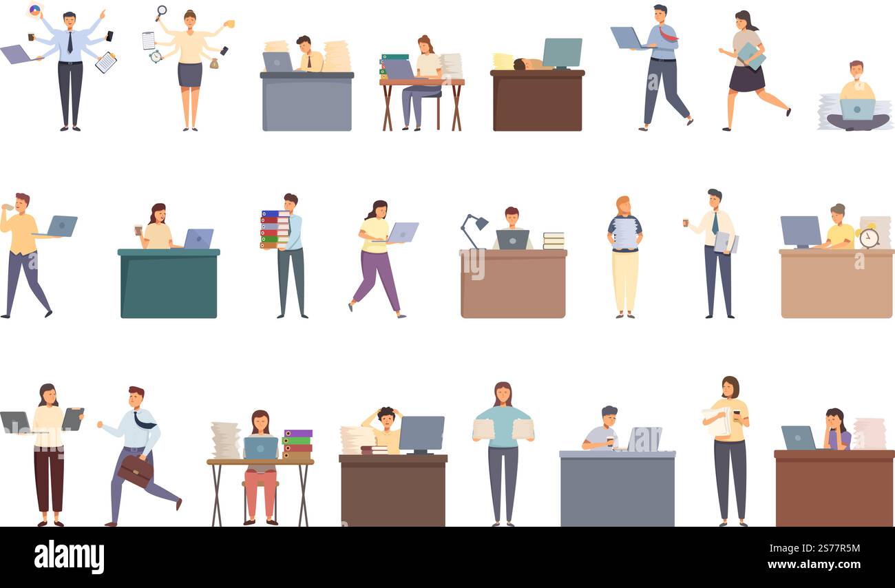 Workaholic icons set cartoon vector. Tired woman. Burnout depressed ...