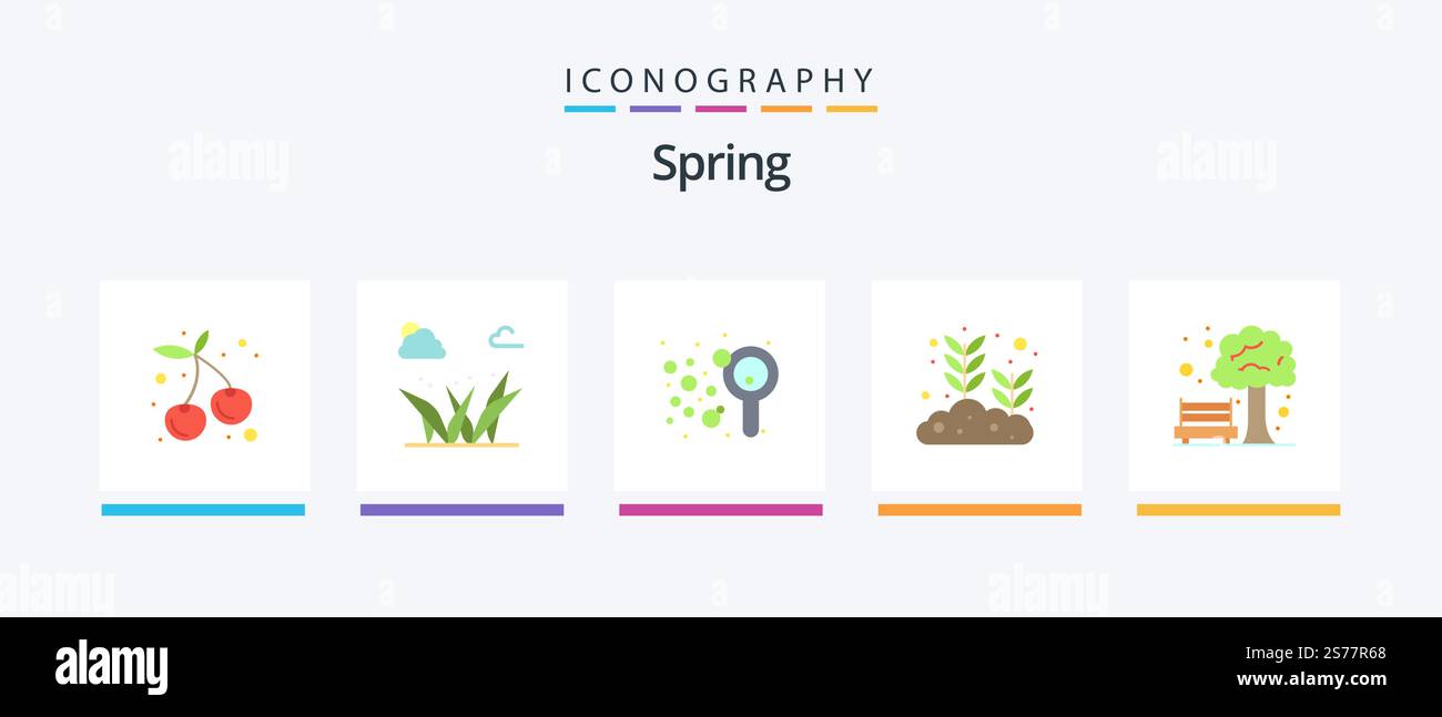 Spring Flat 5 Icon Pack Including tree. bench. bubbles. growing seed ...