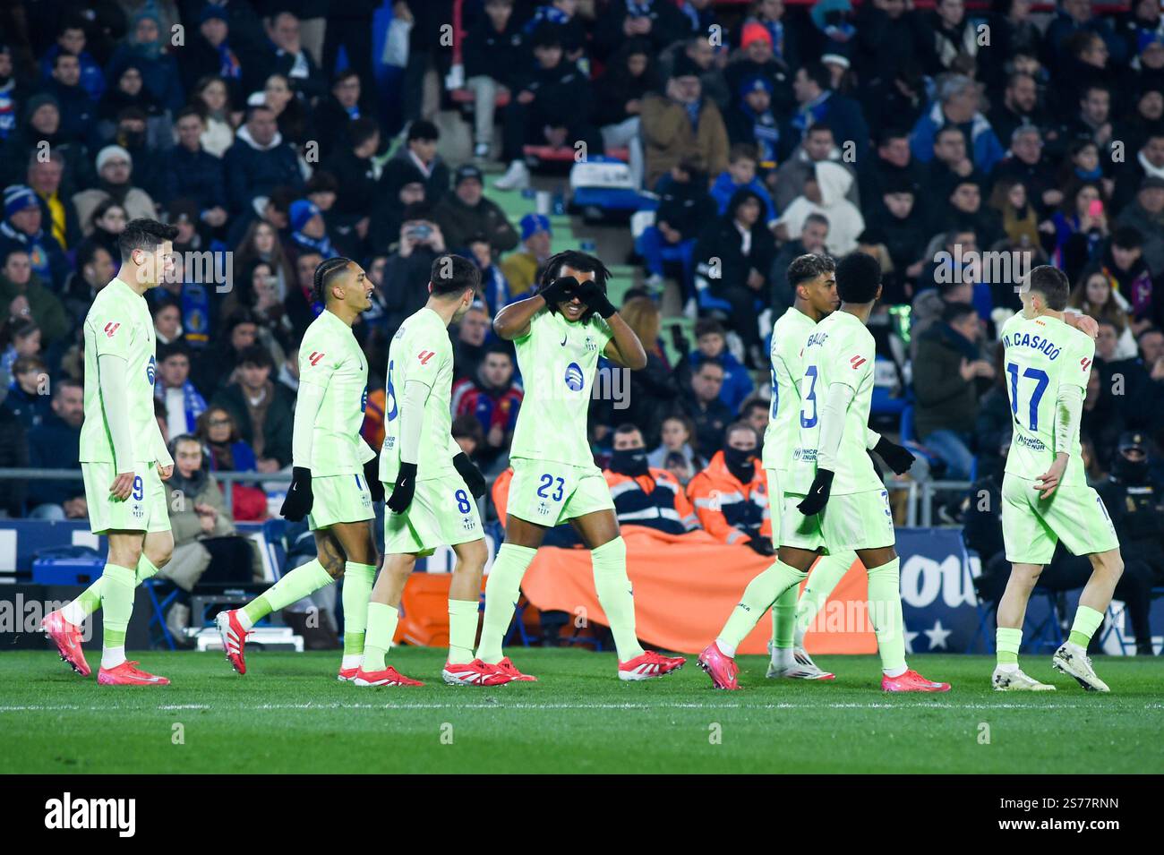 Madrid, Spain. 18th Jan, 2025. Players of FC Barcelona celebrate a goal ...