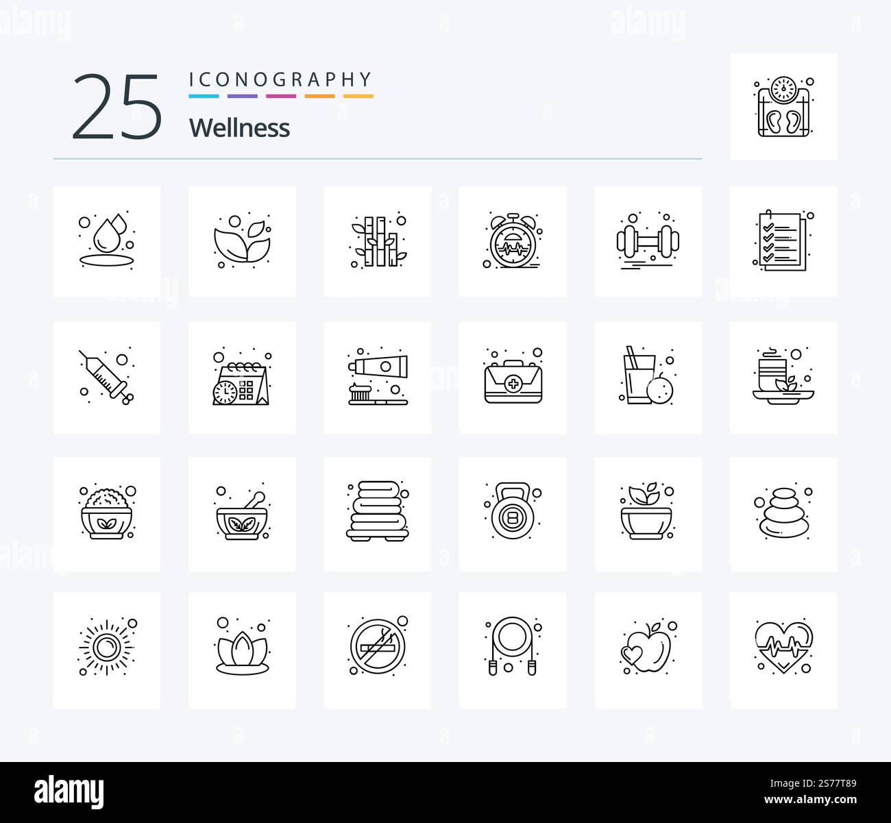 Wellness 25 Line icon pack including check. weight. plant. gym. time ...