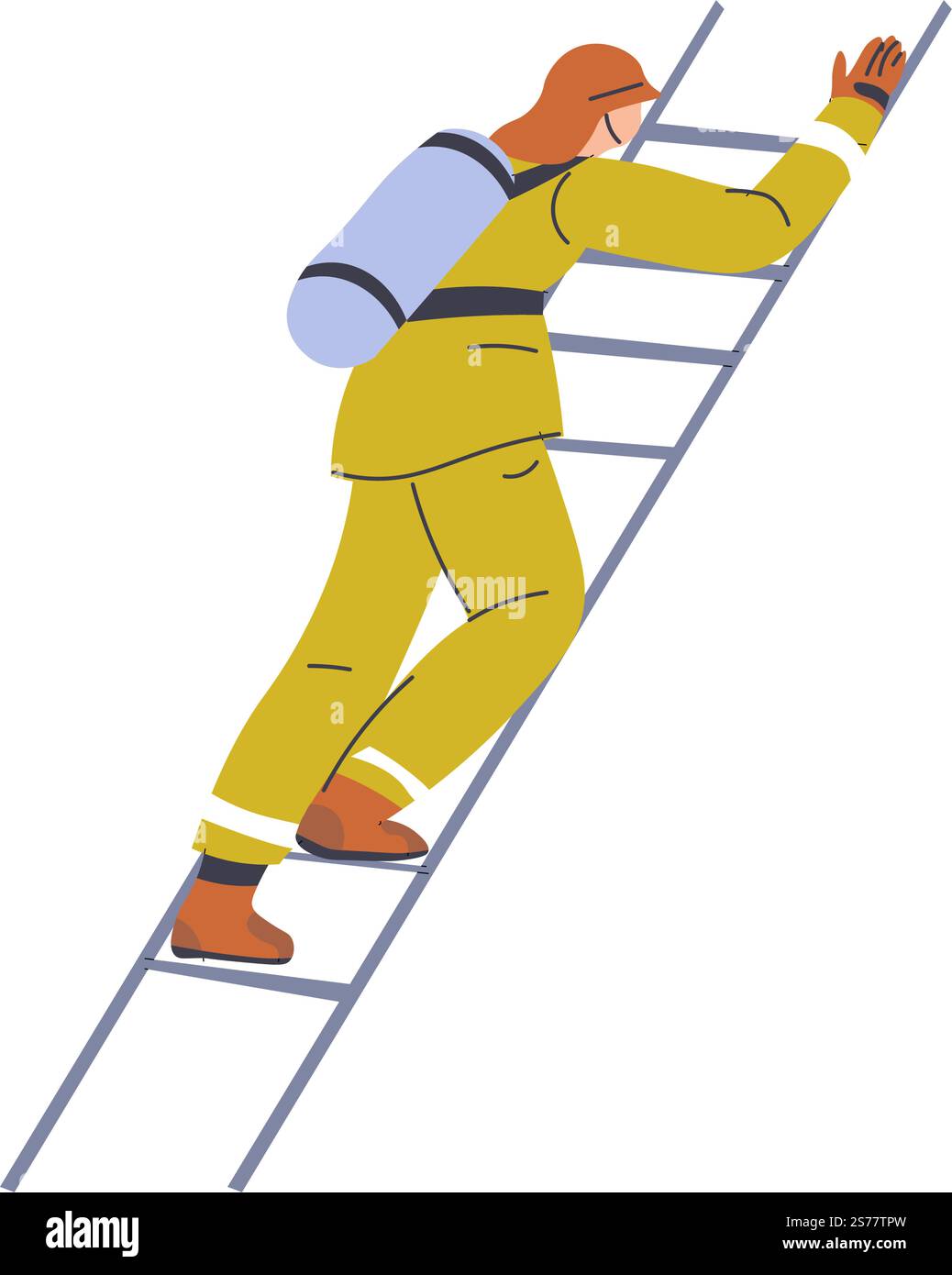 firefighter at work climbing on ladder, putting out and extinguishing ...