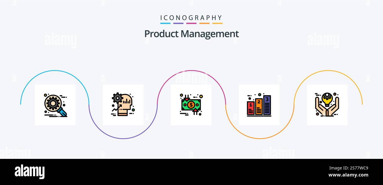 Product Management Line Filled Flat 5 Icon Pack Including processing ...