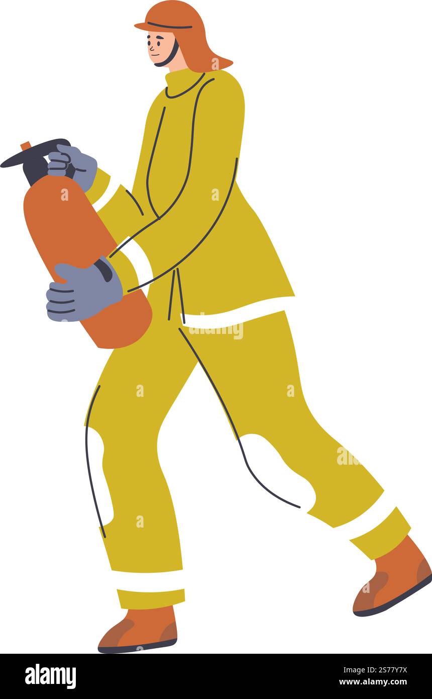 Fireman at work wearing protective suit and helmet, carrying fire ...