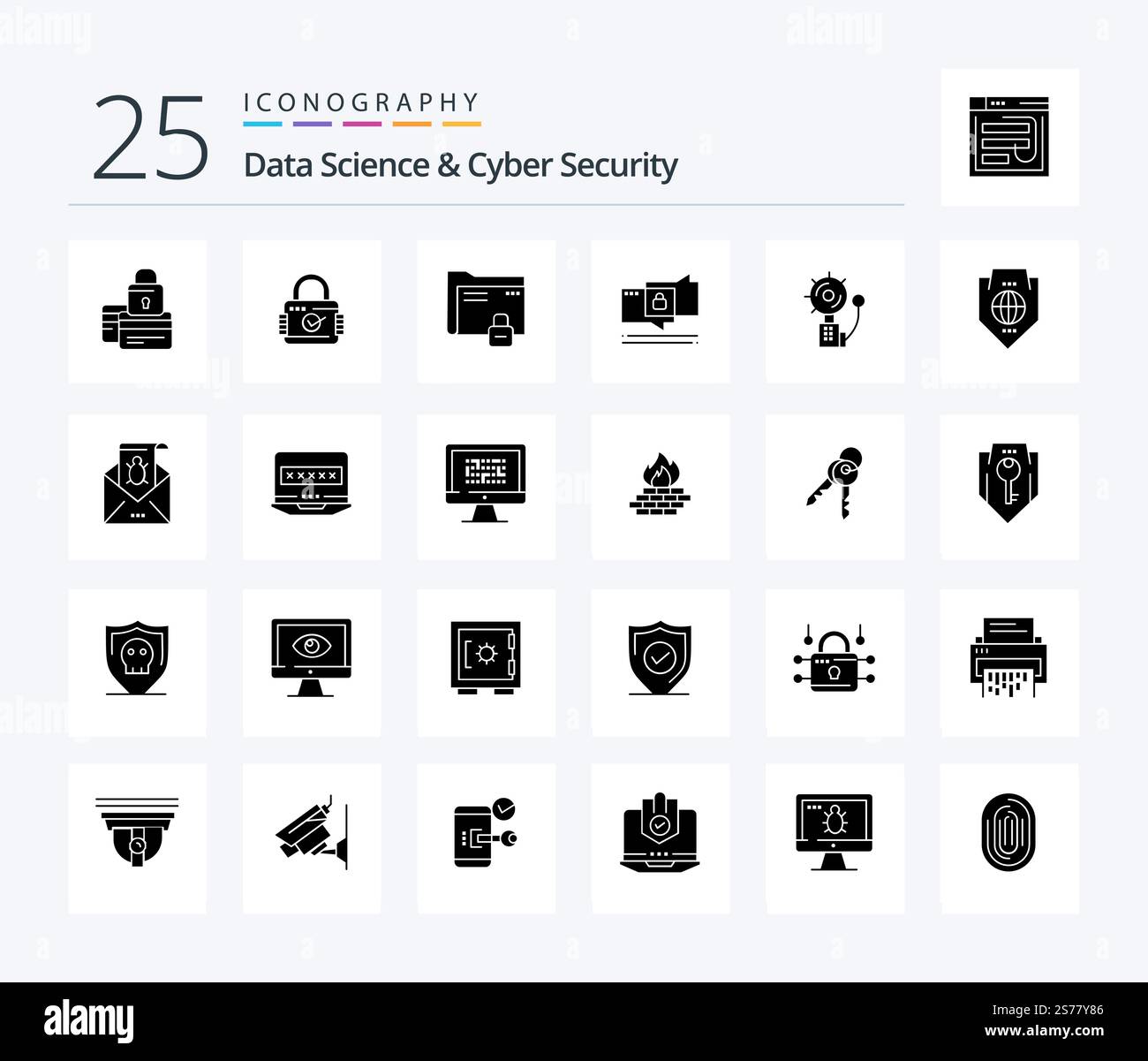 Data Science And Cyber Security 25 Solid Glyph icon pack including security. chat. security ...
