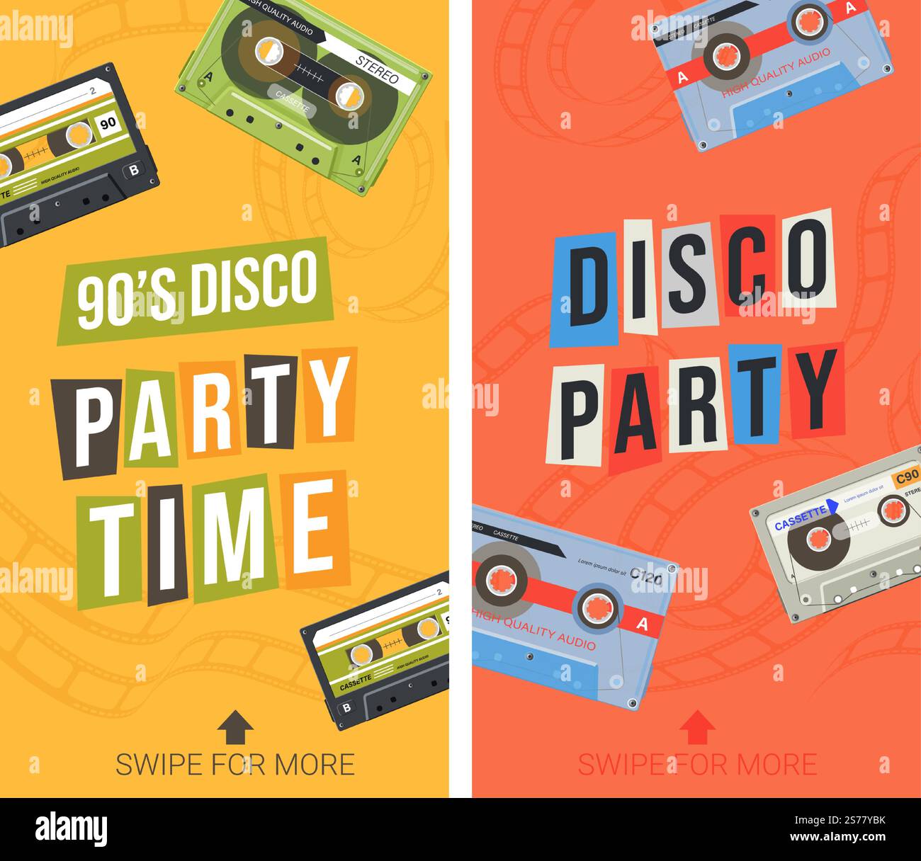 90s disco, party time. Entertainment with old music cassettes and songs ...