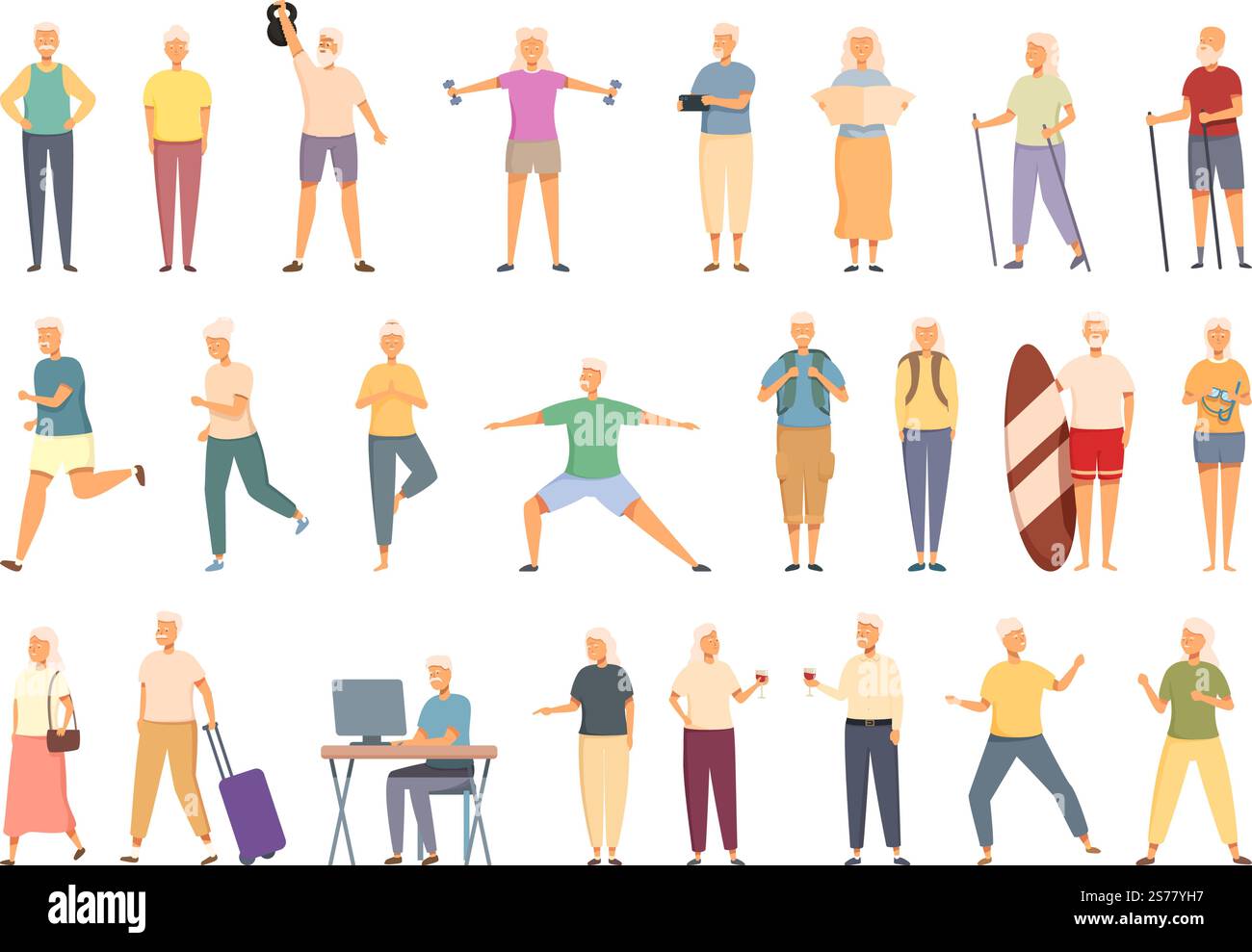 Longevity icons set cartoon vector. Old senior. Sport people. Longevity ...