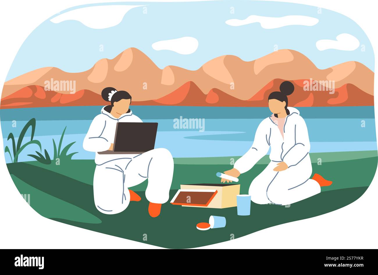 Examining air pollution levels, scientists wearing protective suits ...