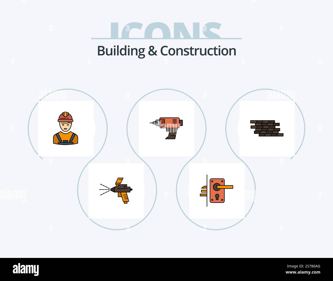 Building And Construction Line Filled Icon Pack 5 Icon Design. color. paint. tool. bricks. wall ...