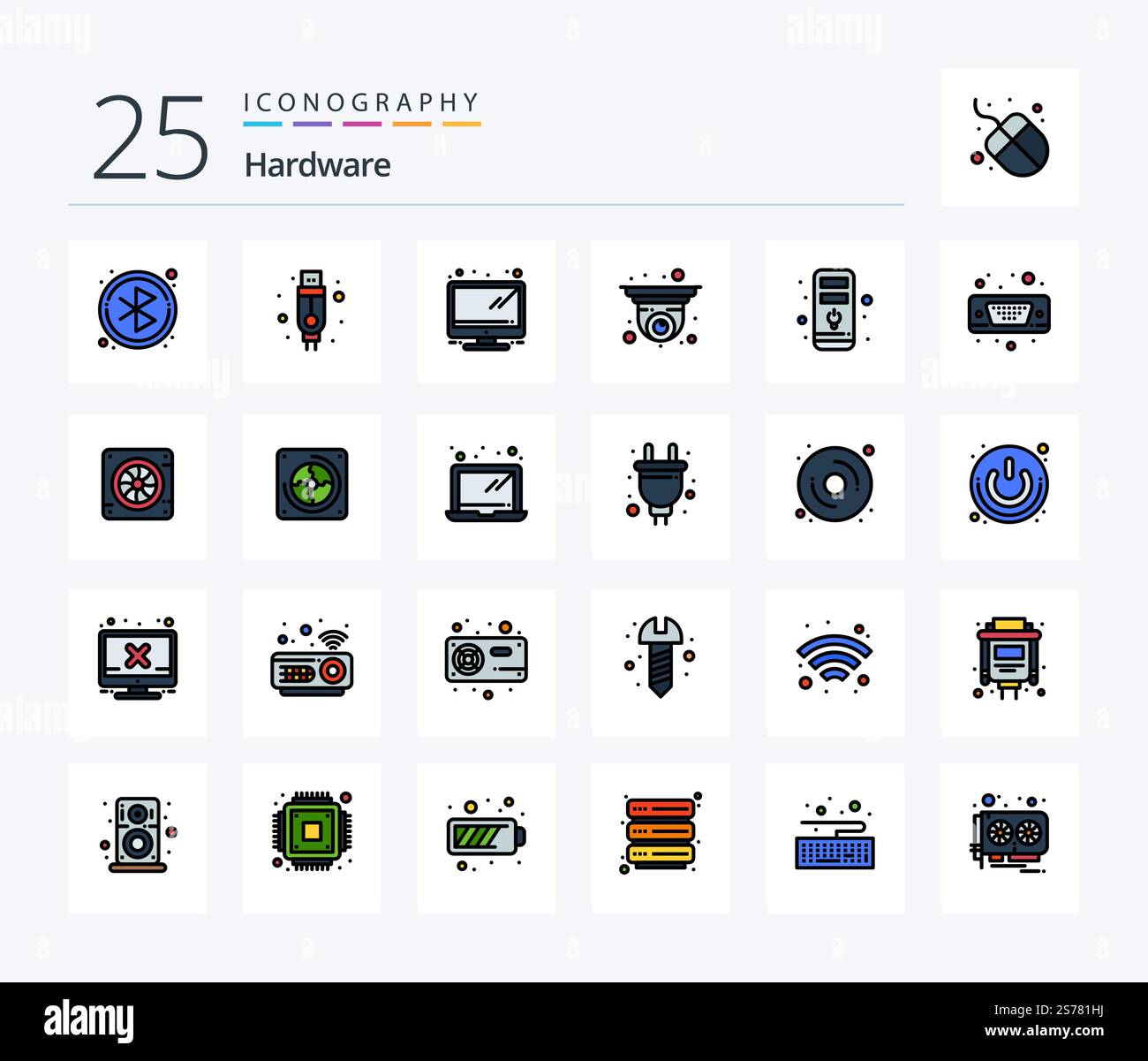 Hardware 25 Line Filled icon pack including input. hardware. tv. cpu. security camera Stock ...