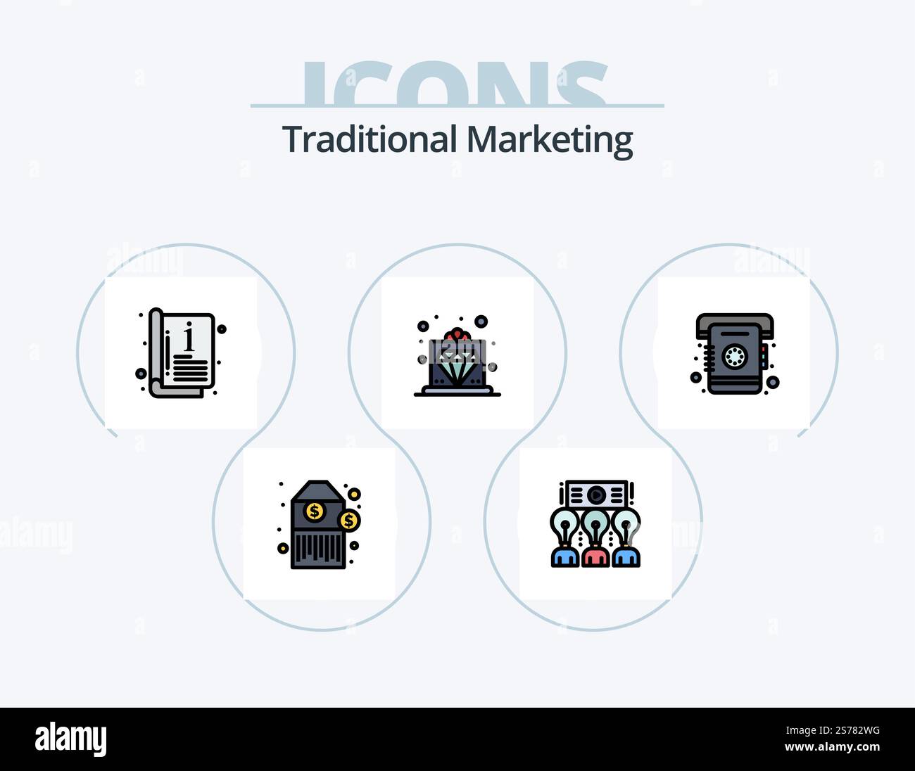 Traditional Marketing Line Filled Icon Pack 5 Icon Design. training. presentation. book. meeting ...