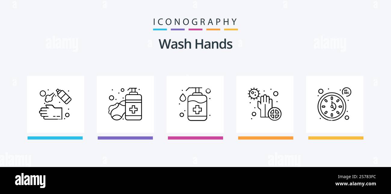 Wash Hands Line 5 Icon Pack Including protect hands. timer. hands ...