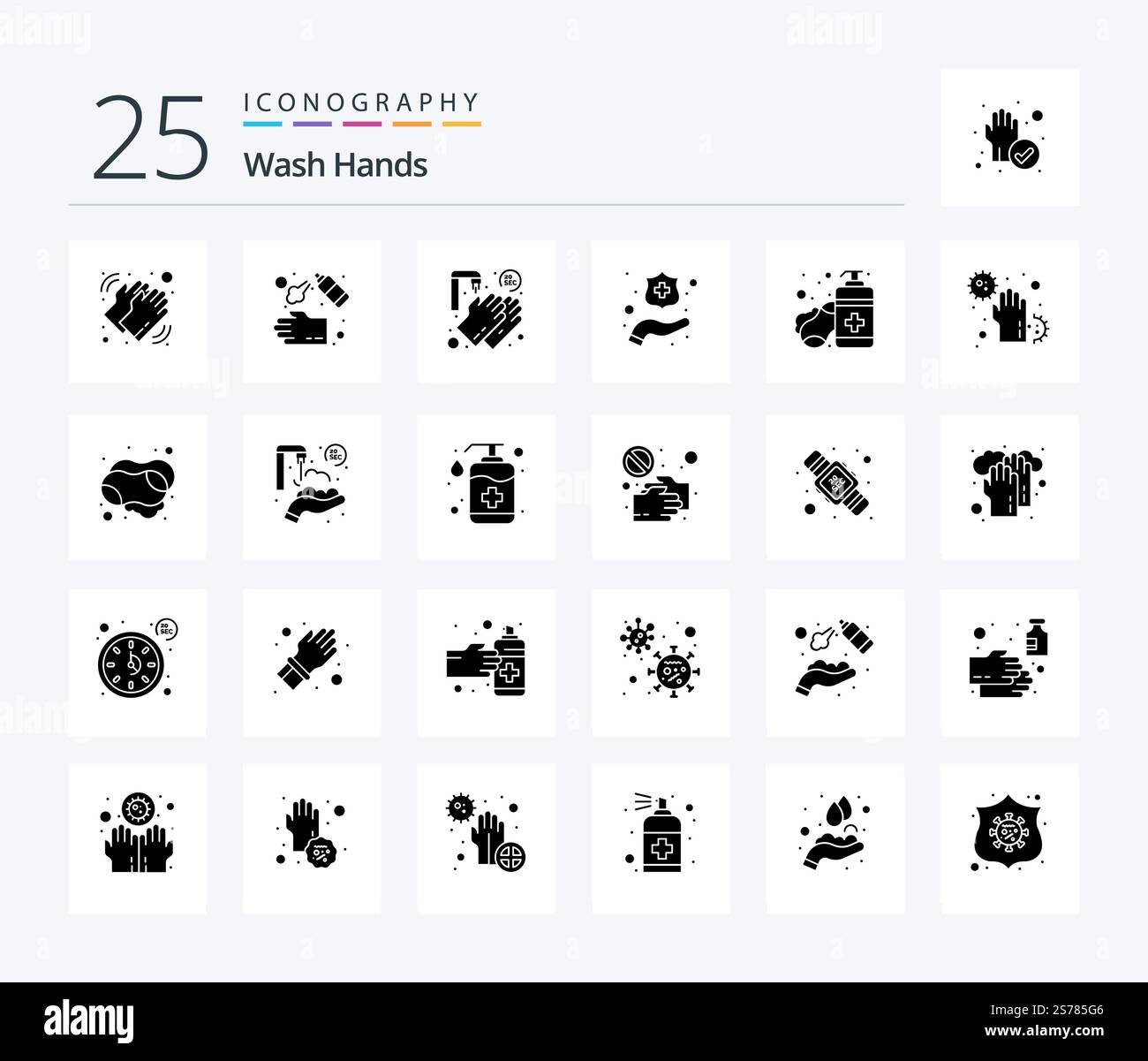 Wash Hands 25 Solid Glyph icon pack including soap. hands. soap ...