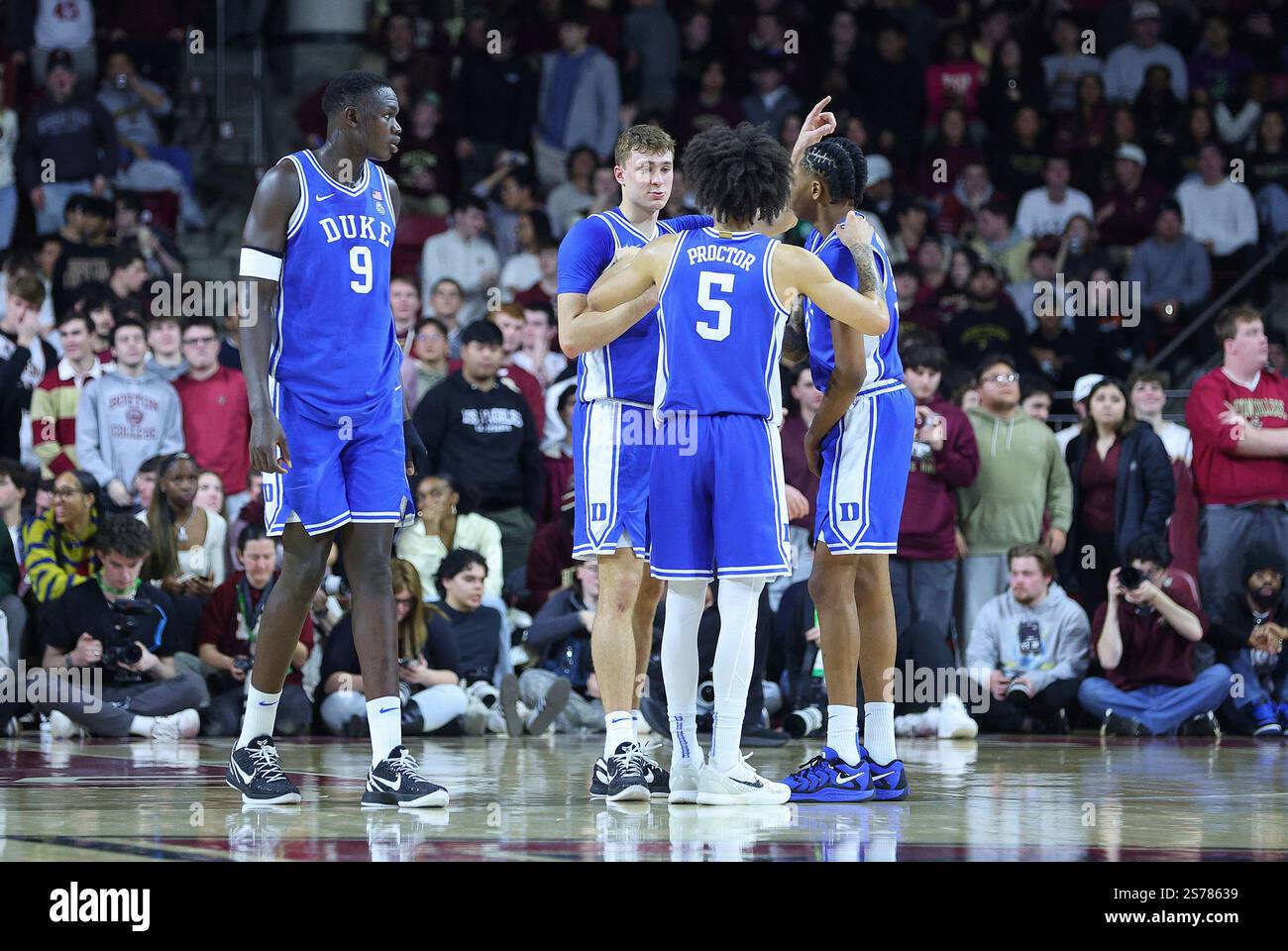 CHESTNUT HILL, MA - JANUARY 18: Duke Blue Devils huddle during the ...