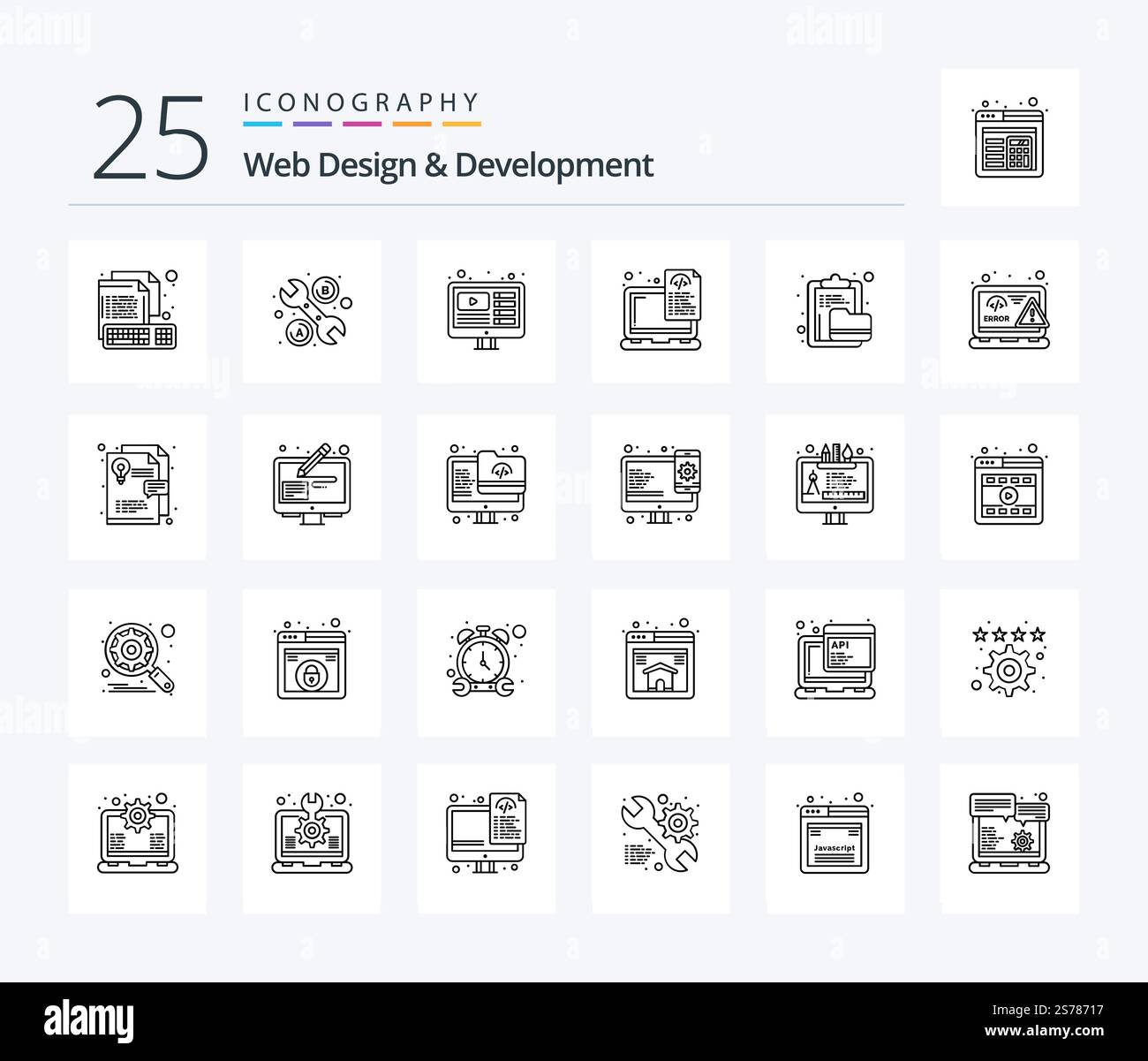 Web Design And Development 25 Line icon pack including archive. laptop ...