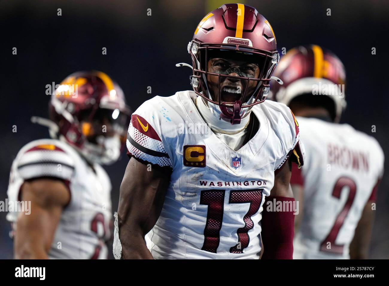 Washington Commanders wide receiver Terry McLaurin (17) reacts to a ...
