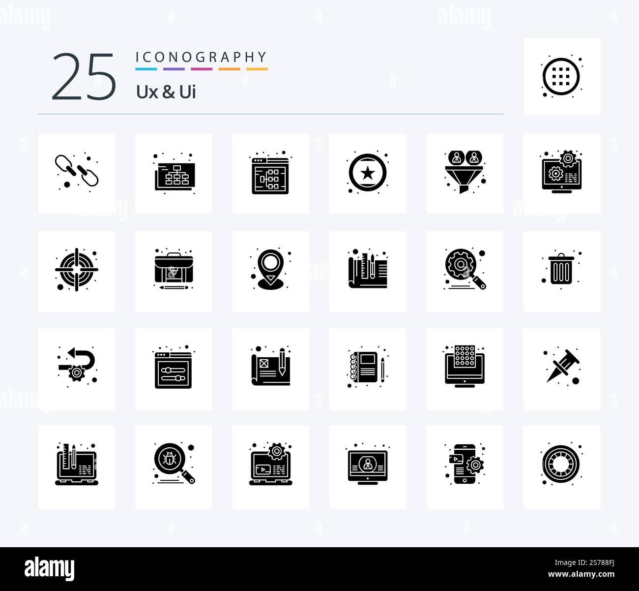 Ux And Ui 25 Solid Glyph icon pack including star. rating. flow ...