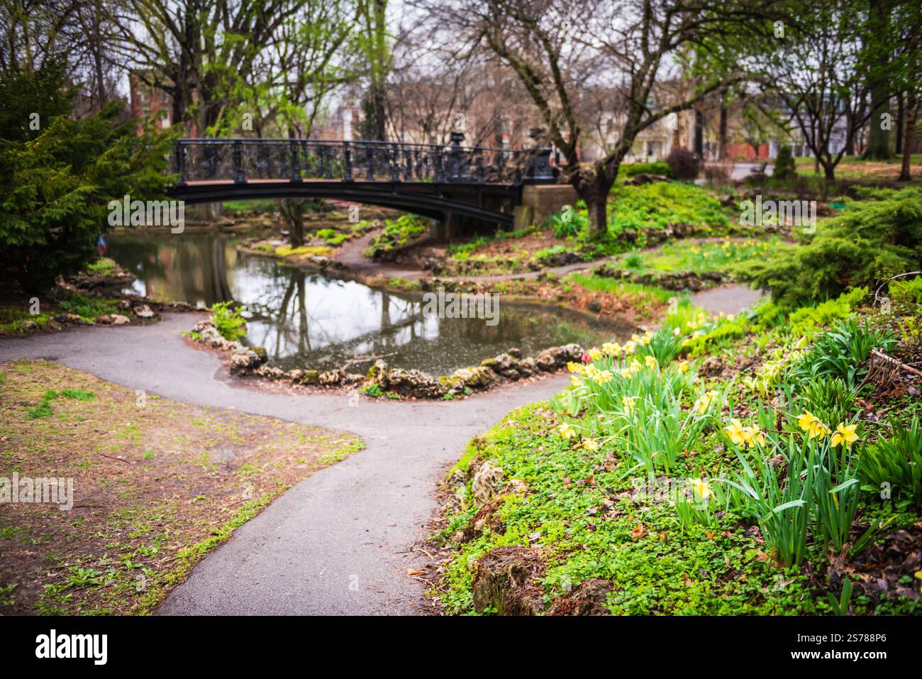 Grotto Bridge, aka Lafayette Park Bridge, with daffodil and tulip ...