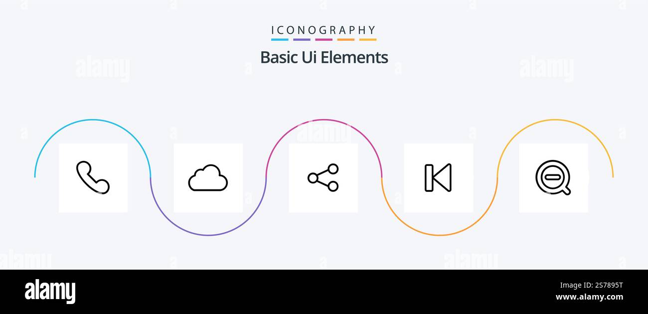 Basic Ui Elements Line 5 Icon Pack Including search. media. media. control. back Stock Vector ...