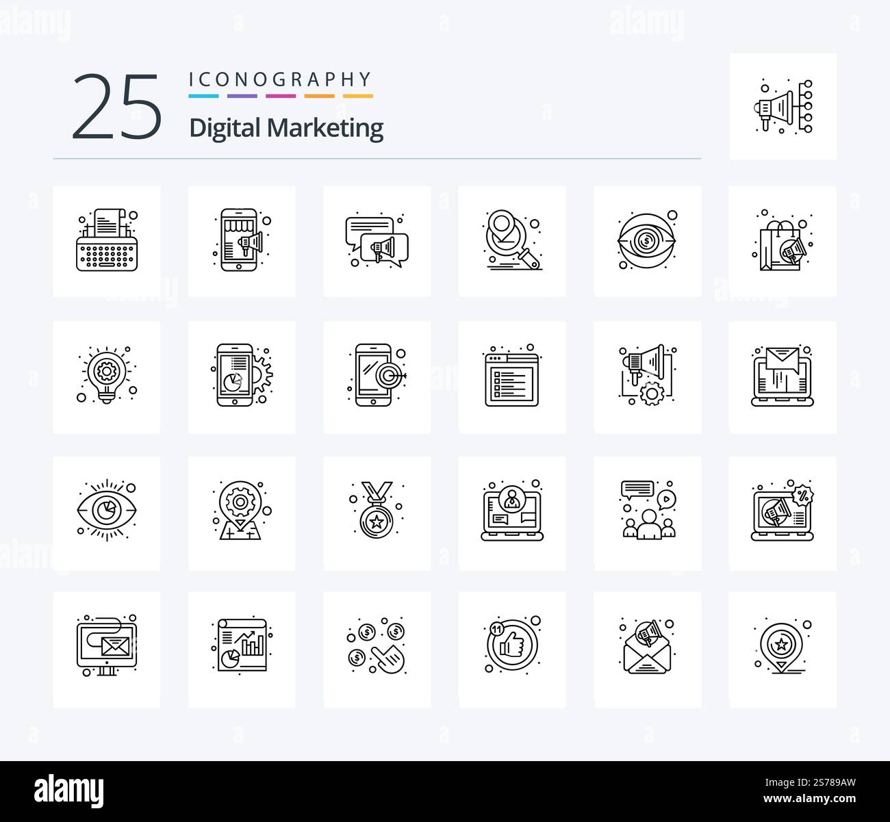Digital Marketing 25 Line icon pack including money. view. conversation ...