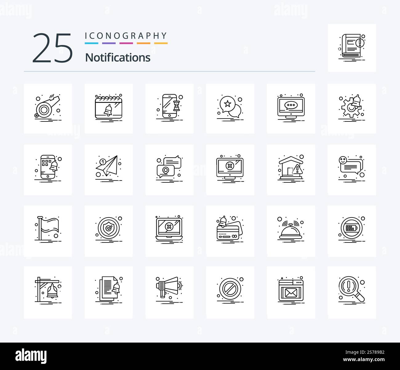 Notifications 25 Line icon pack including message. chat. device. alert ...