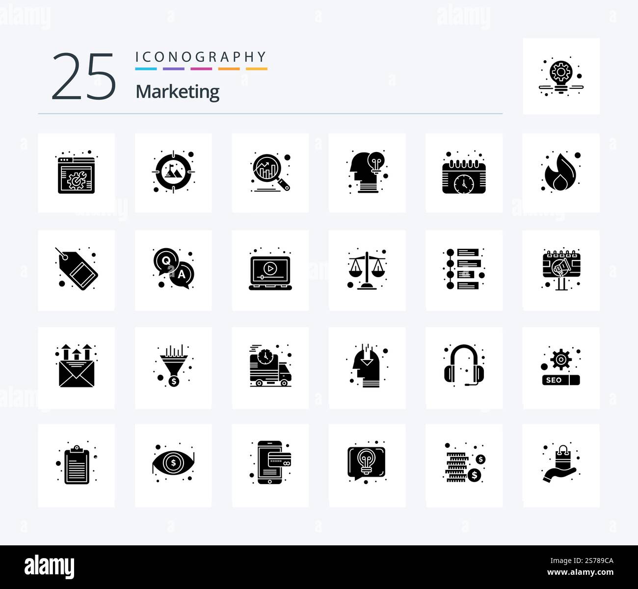 Marketing 25 Solid Glyph icon pack including watch. events. chart ...