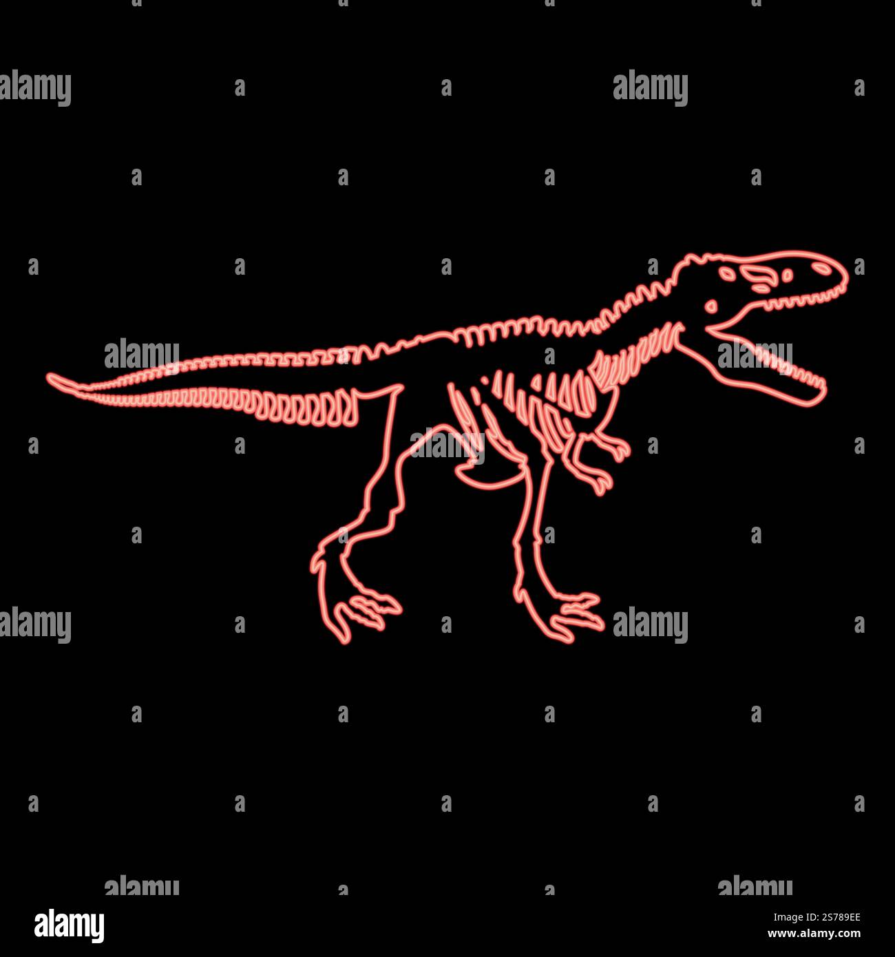 Neon dinosaur skeleton tyrannosaurus rex bones silhouettes red color ...