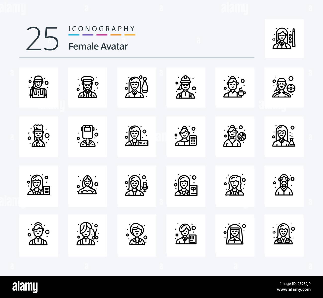 Female Avatar 25 Line icon pack including female. electrician. women ...