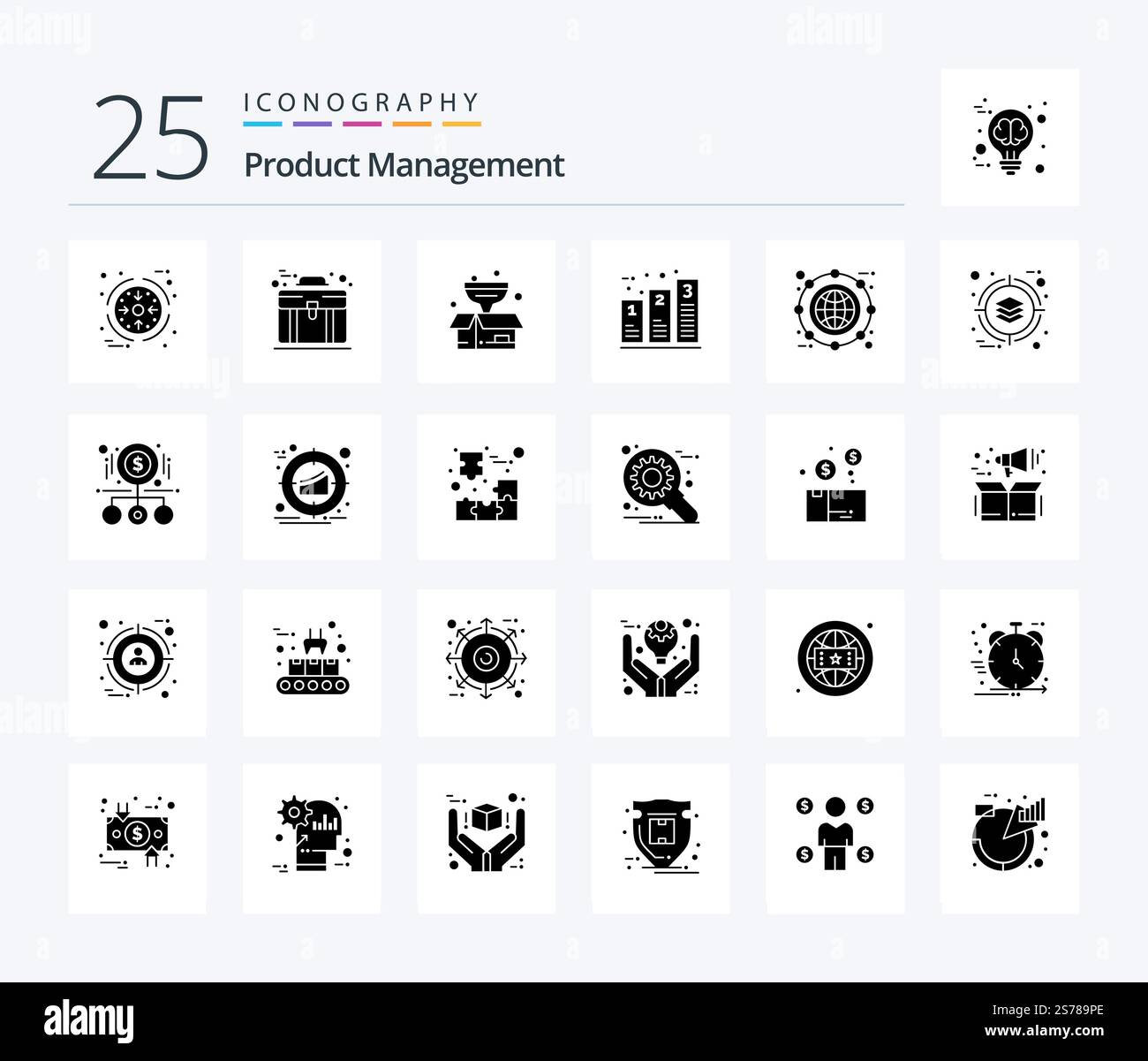 Product Management 25 Solid Glyph icon pack including globe. processing ...