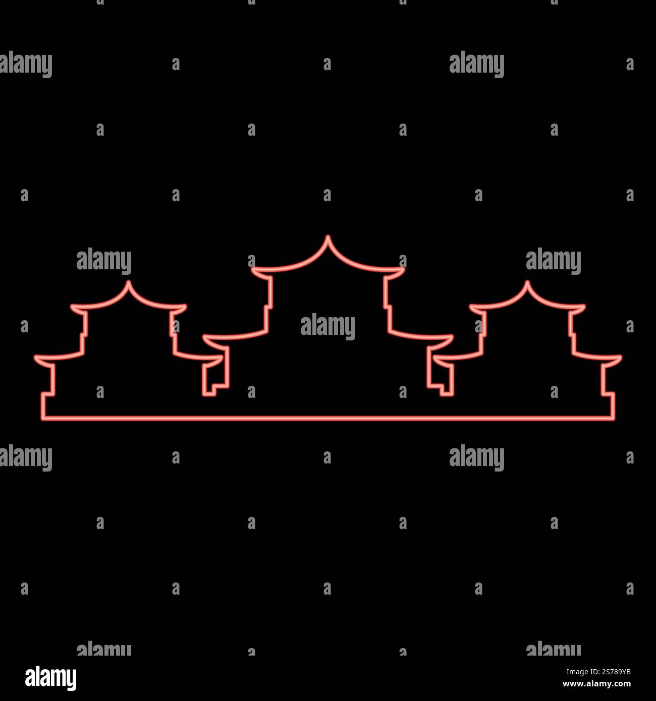Neon chinese traditional buildings red color vector illustration image ...