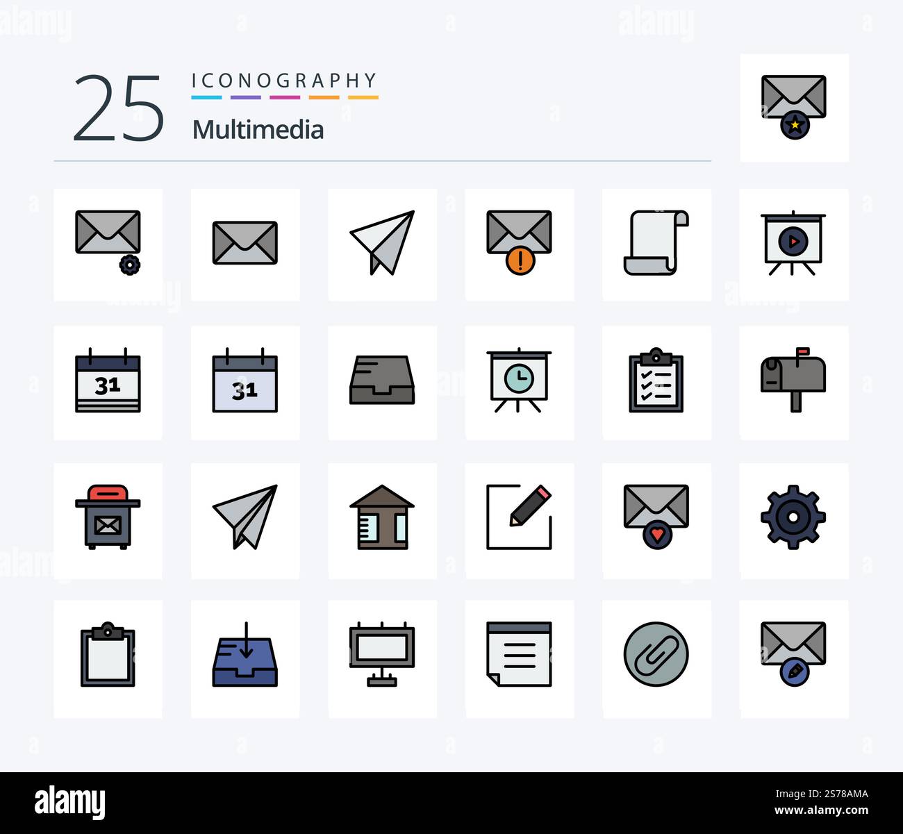 Multimedia 25 Line Filled icon pack including date. video. mail ...