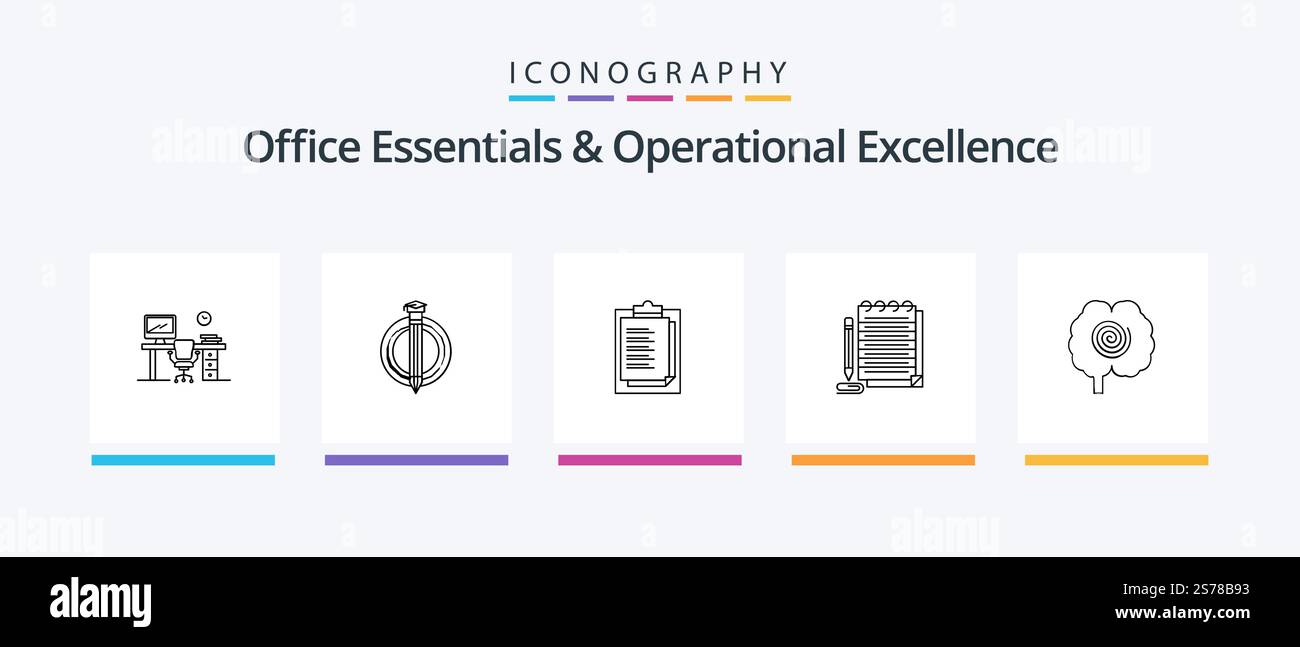 Office Essentials And Operational Exellence Line 5 Icon Pack Including presentation. report card ...