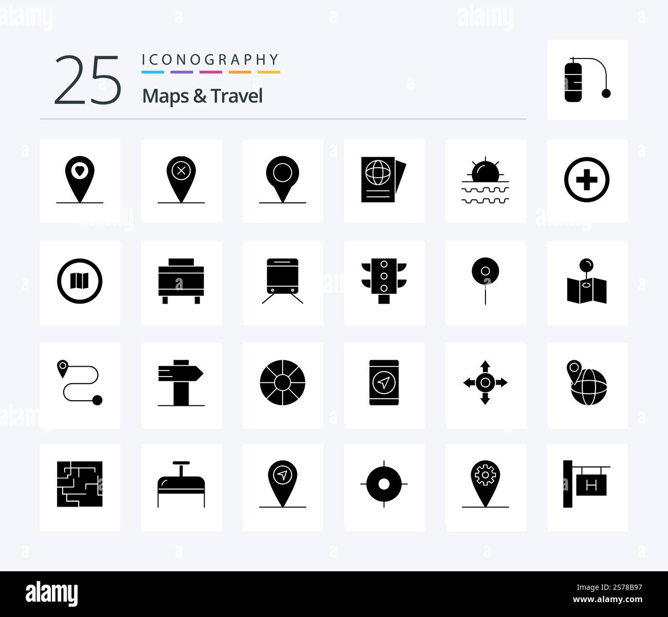 Maps & Travel 25 Solid Glyph icon pack including travel. hospital ...