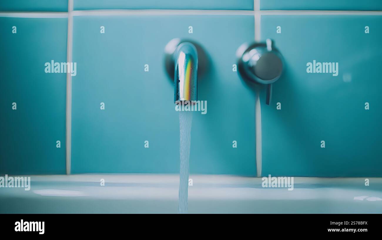Close-up view of flowing water droplets and splash from an open ...
