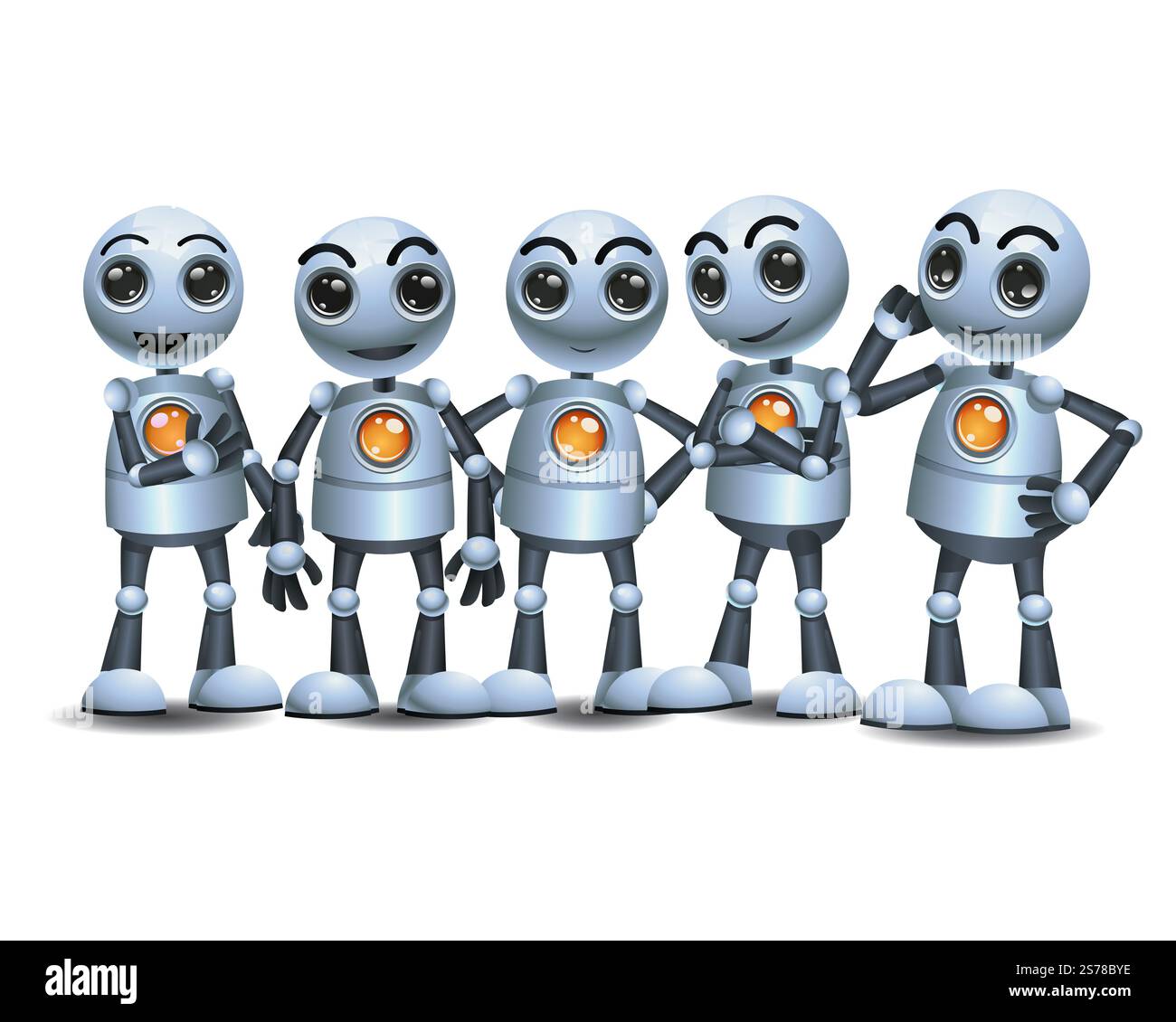 3D illustration of a little robot worker standing in group on isolated ...