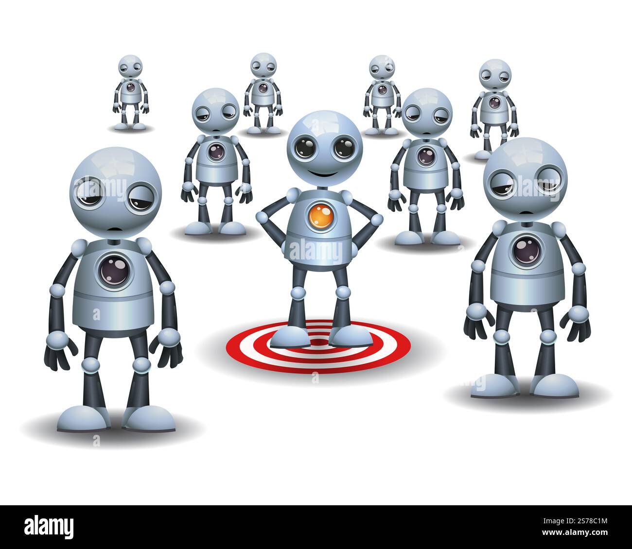 3D illustration of a little robot worker standing on top of target area ...