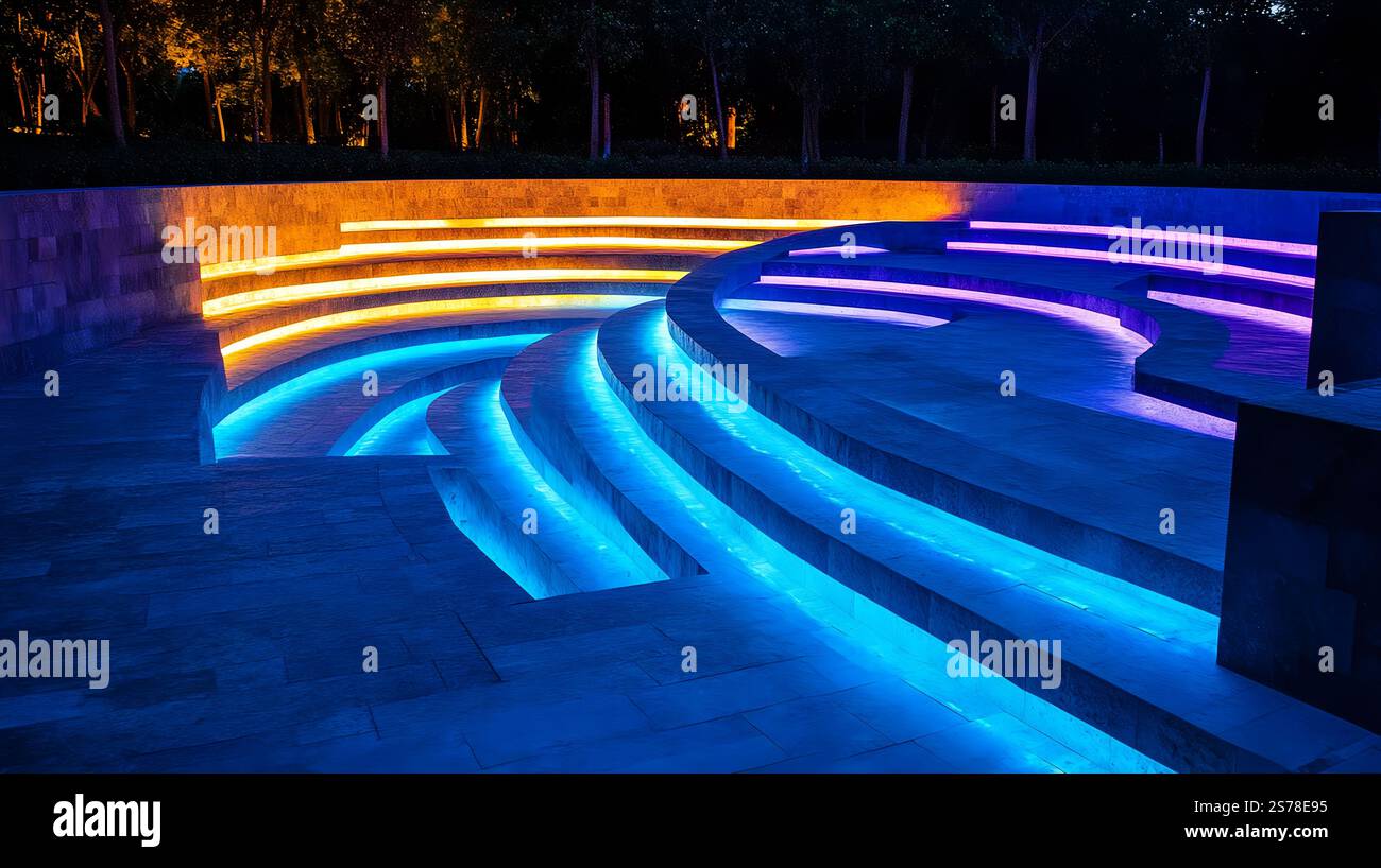 Mesmerizing glowing glass labyrinth in the nighttime,featuring dramatic ...