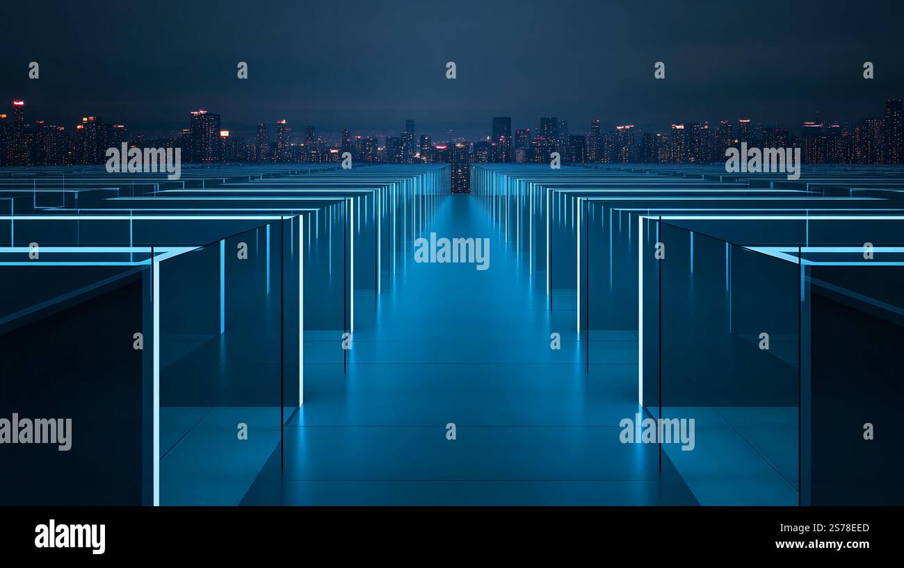 Sleek glass maze reflecting the vibrant city lights,blending ...
