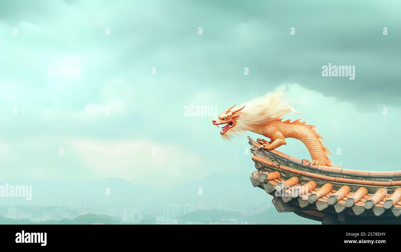Fierce Chinese dragon perched on a temple rooftop under a dramatic ...