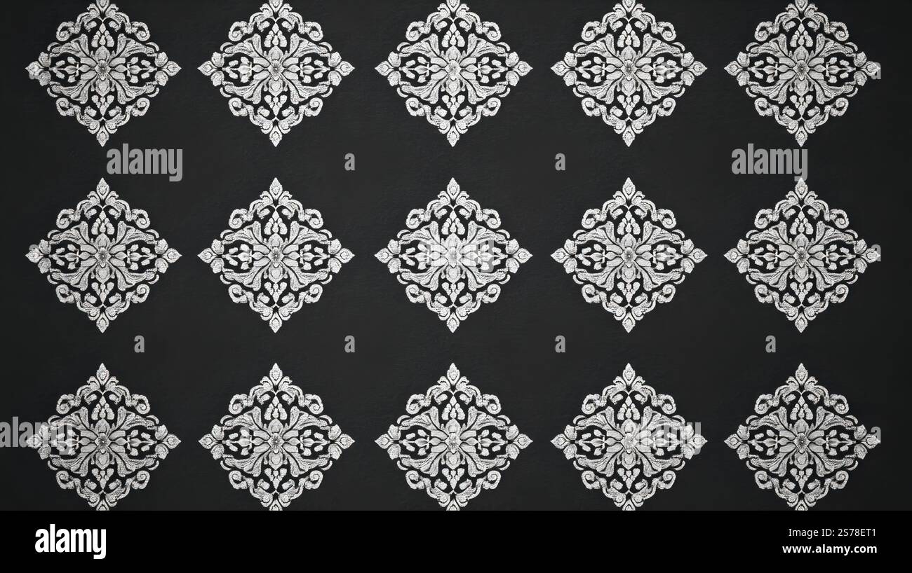 Elegant and intricate metallic silver floral medallion pattern on a ...