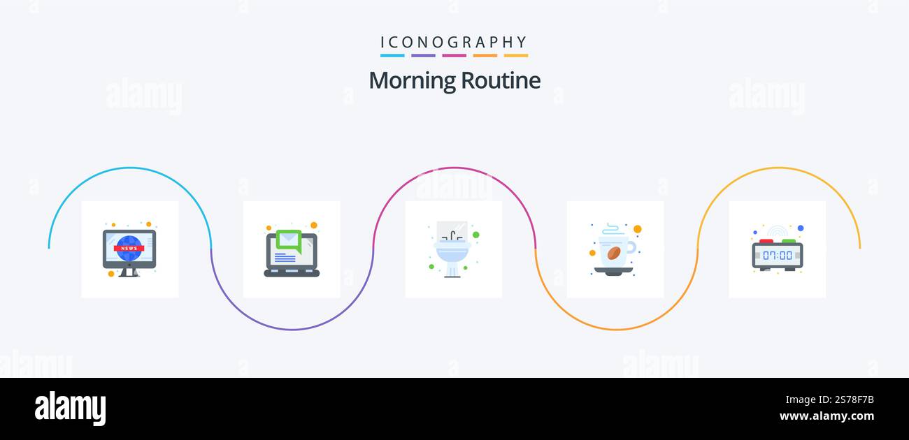 Morning Routine Flat 5 Icon Pack Including alarm. coffee. bathroom. tea ...