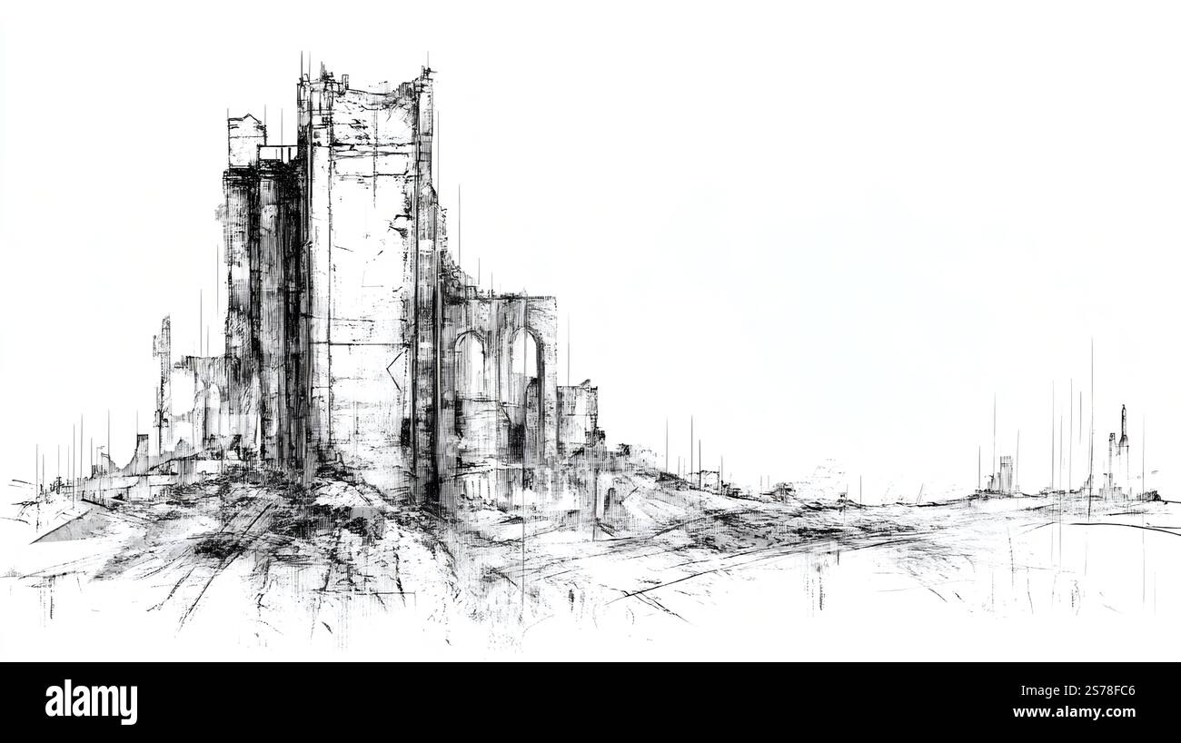 Concept art depicting a towering,dystopian structure with a jagged ...