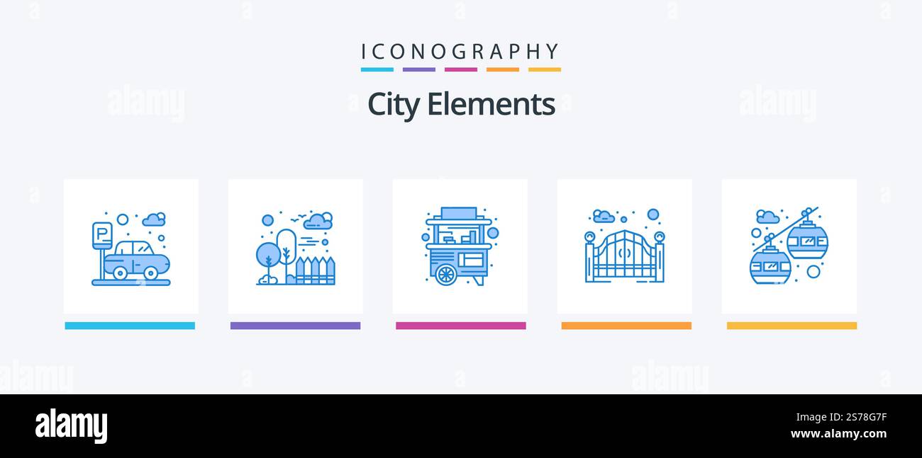 City Elements Blue 5 Icon Pack Including chair lift. cable car. stall ...