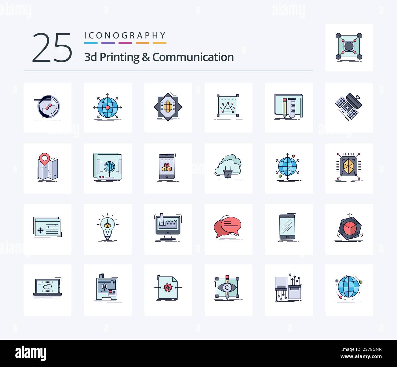 3d Printing And Communication 25 Line Filled icon pack including editing. 3d. network. forming ...