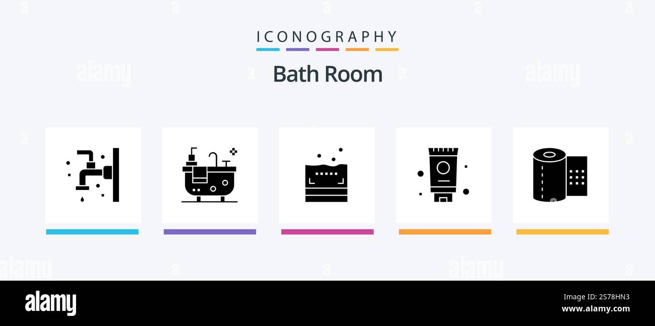 Bath Room Glyph 5 Icon Pack Including toilet paper. paper. sponge ...