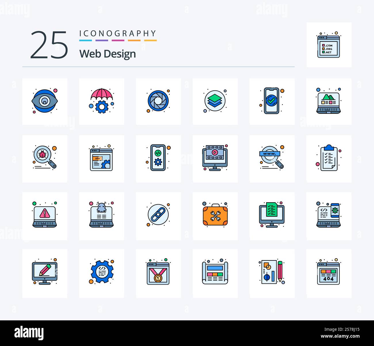 Web Design 25 Line Filled icon pack including authentication. tools. color. layer. design Stock ...