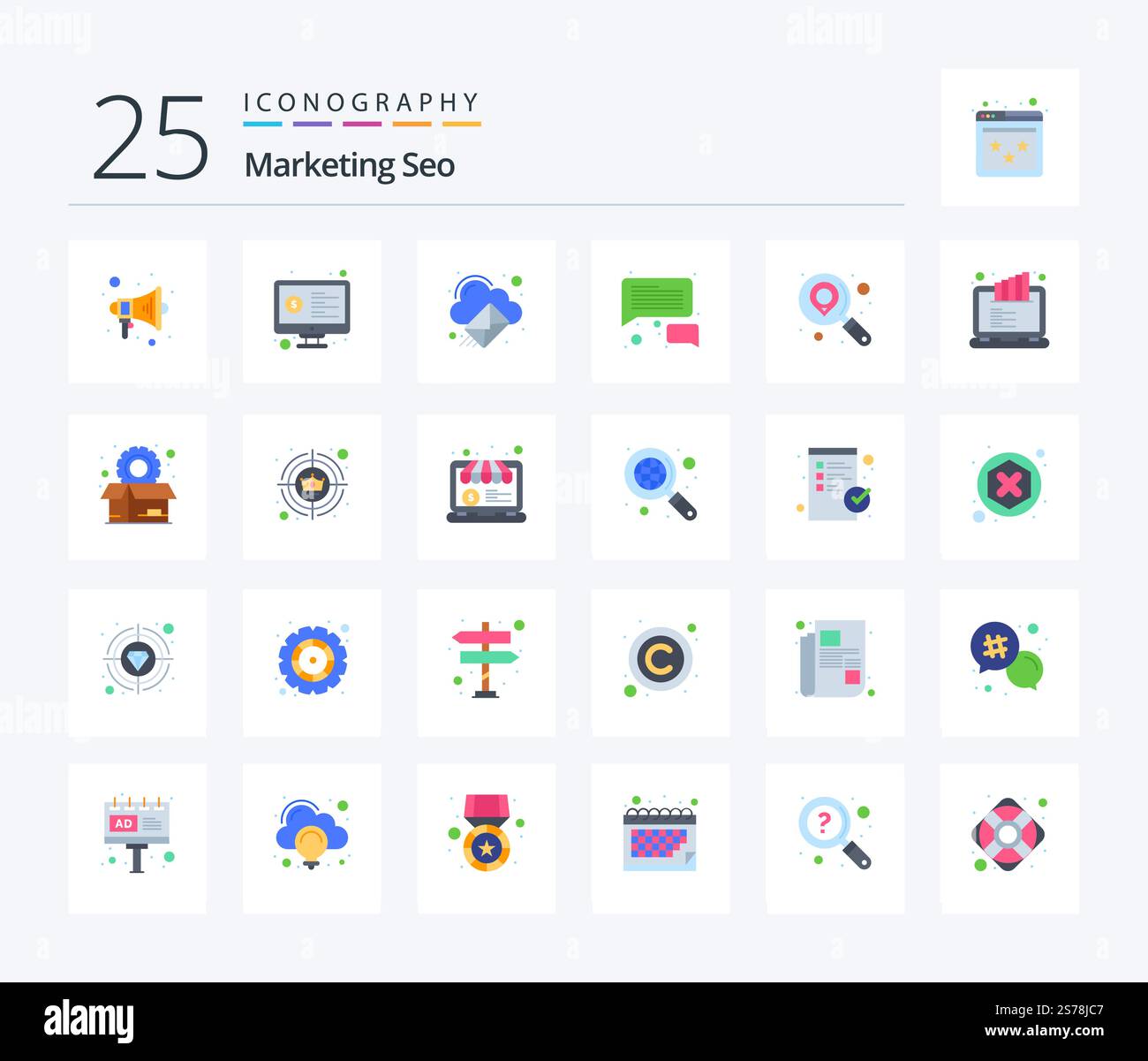 Marketing Seo 25 Flat Color icon pack including location. message ...