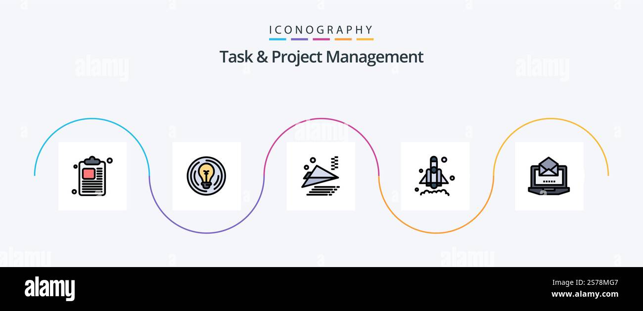 Task And Project Management Line Filled Flat 5 Icon Pack Including open. laptop. airplane ...