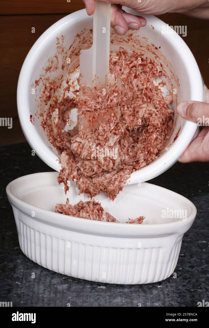 Swabian cuisine, preparation of Stuttgarter Leberkaes in a horseradish ...
